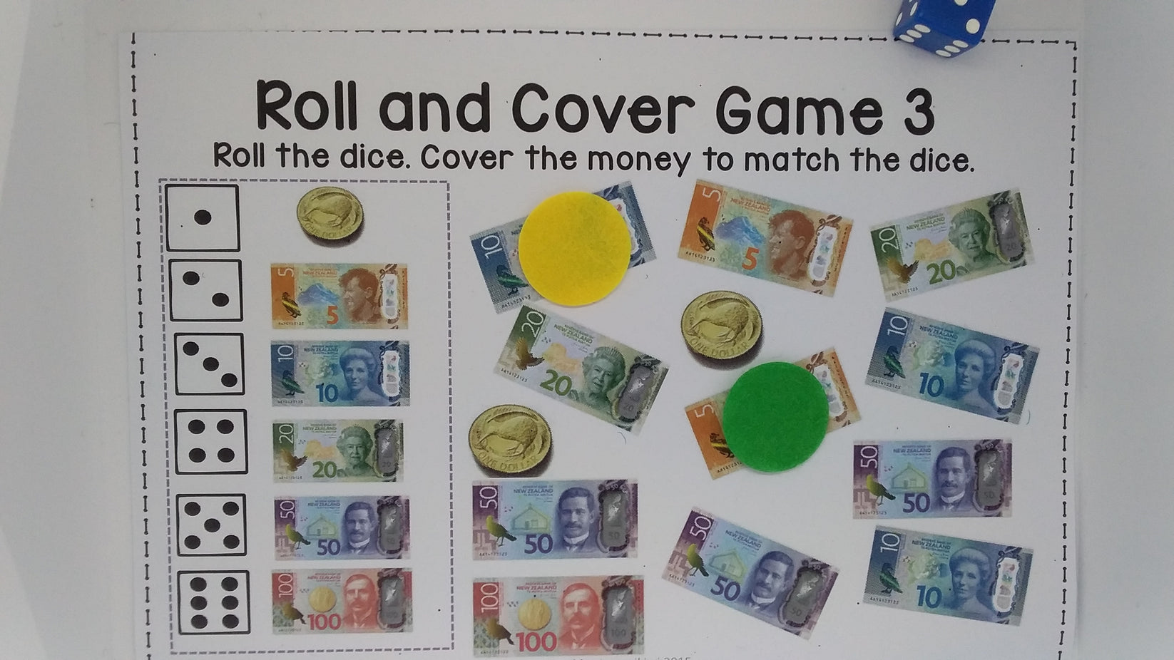 New Zealand Money level 1: roll and cover game – montessorikiwi