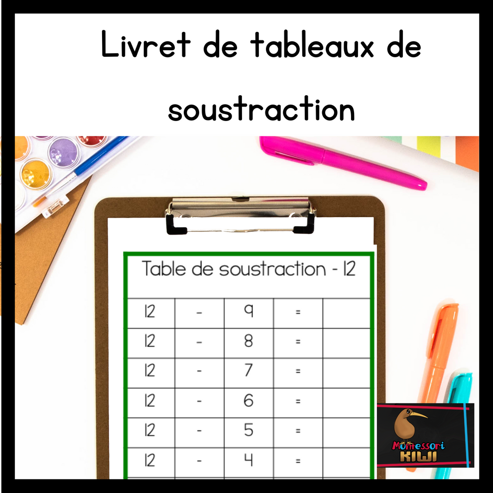 Livret de tableaux de soustraction (subtraction charts French ...