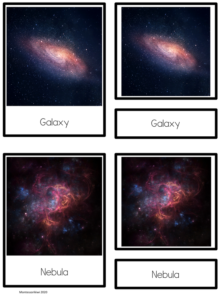 Objects in Space Montessori 3 Part Cards (cosmic) – montessorikiwi