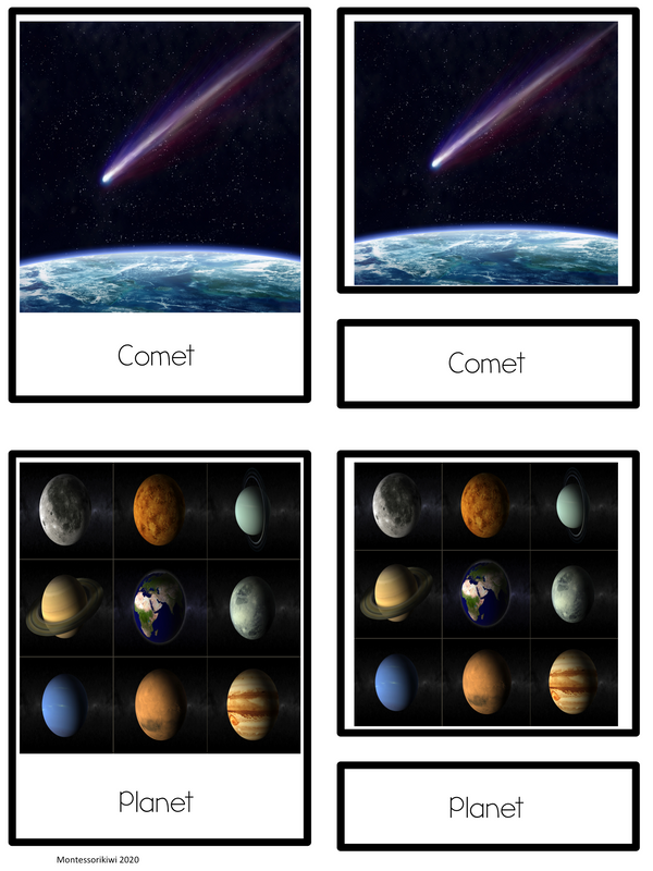 Objects in Space Montessori 3 Part Cards (cosmic) – montessorikiwi