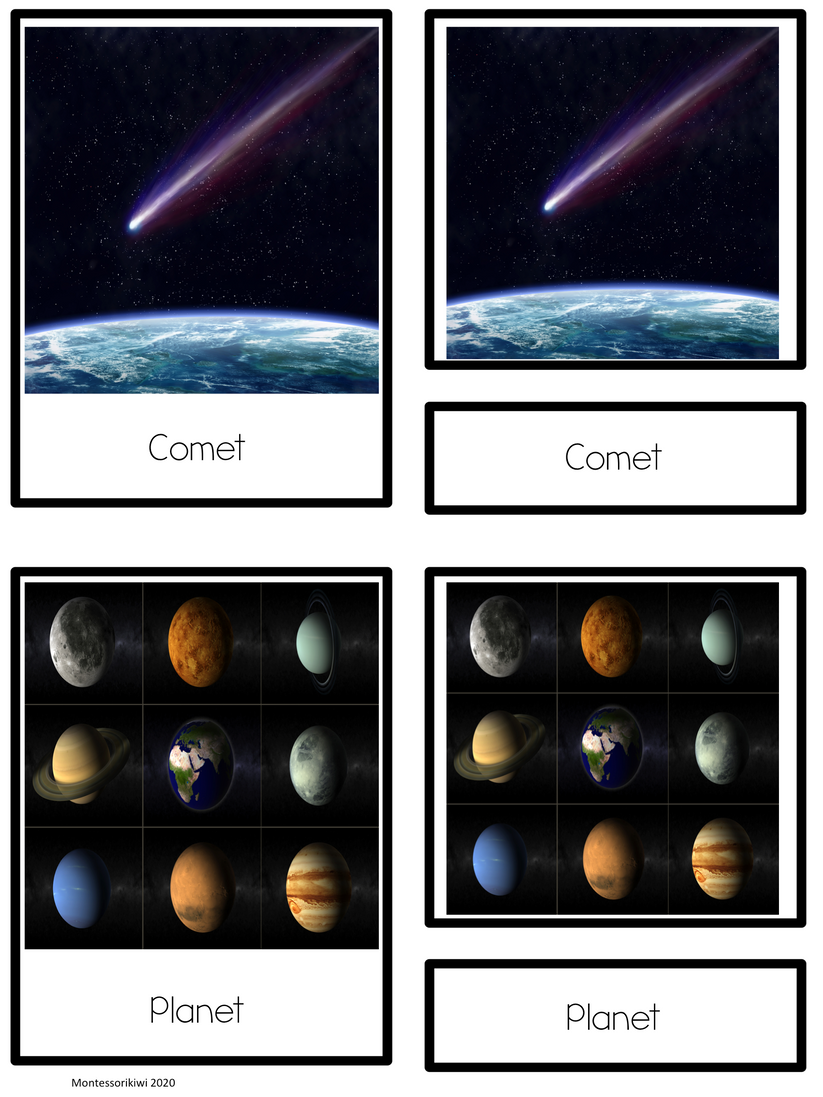 Objects in Space Montessori 3 Part Cards (cosmic) – montessorikiwi
