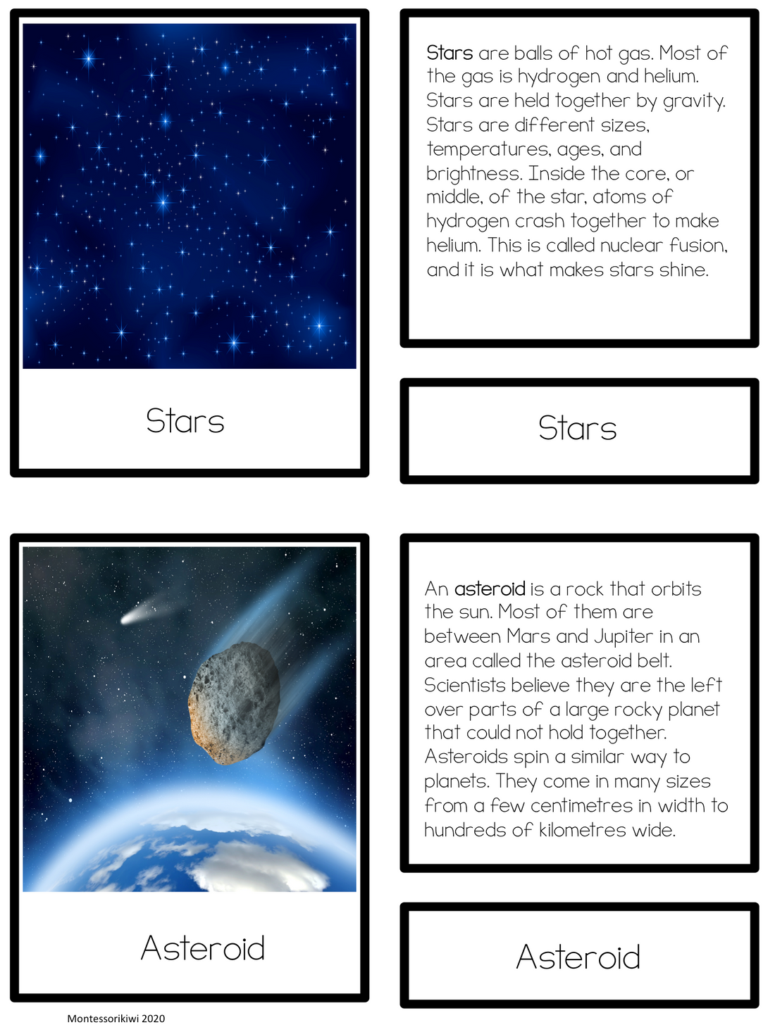 Objects in Space Montessori 3 Part Cards (cosmic) – montessorikiwi