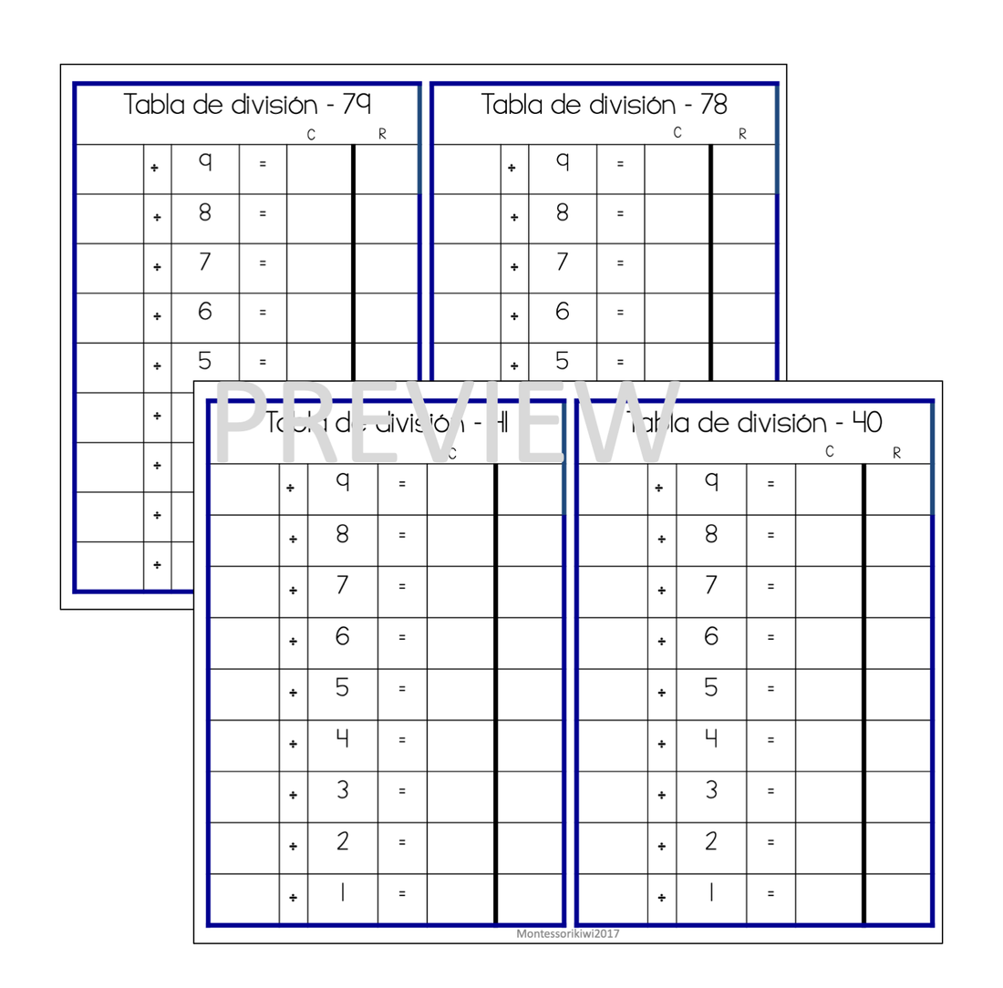 Tablas de división (division chart tables) – montessorikiwi