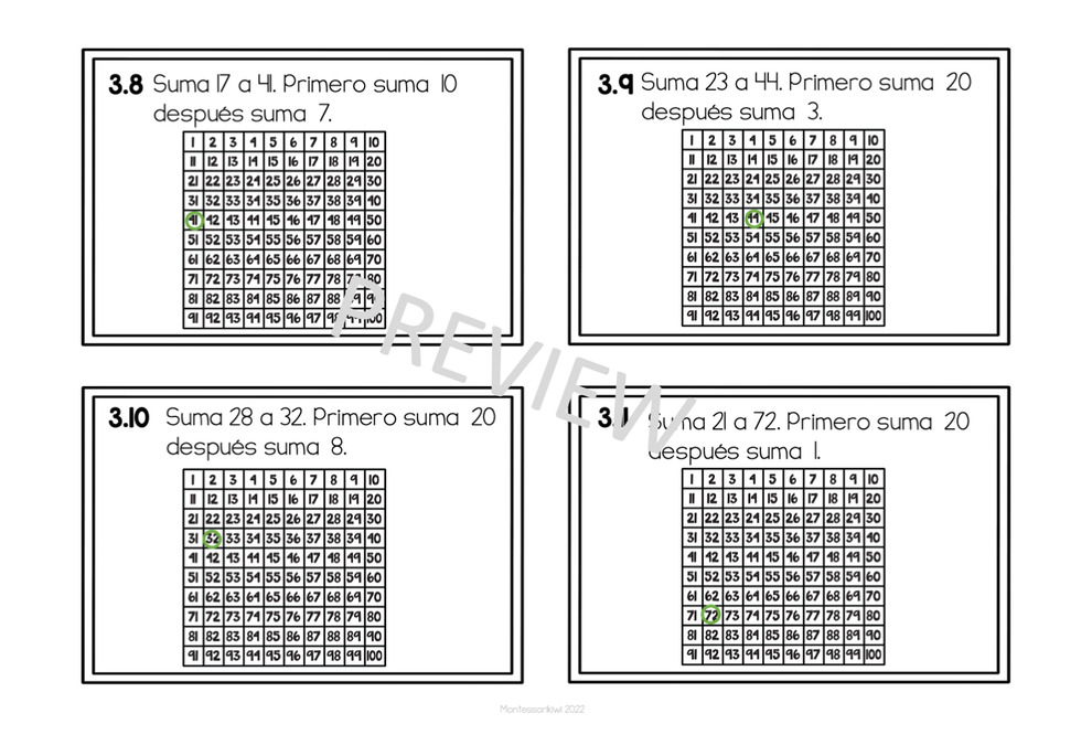 Tarjetas de trabajo para Tablero de 100 Set 3 (Montessori Hundred boar ...