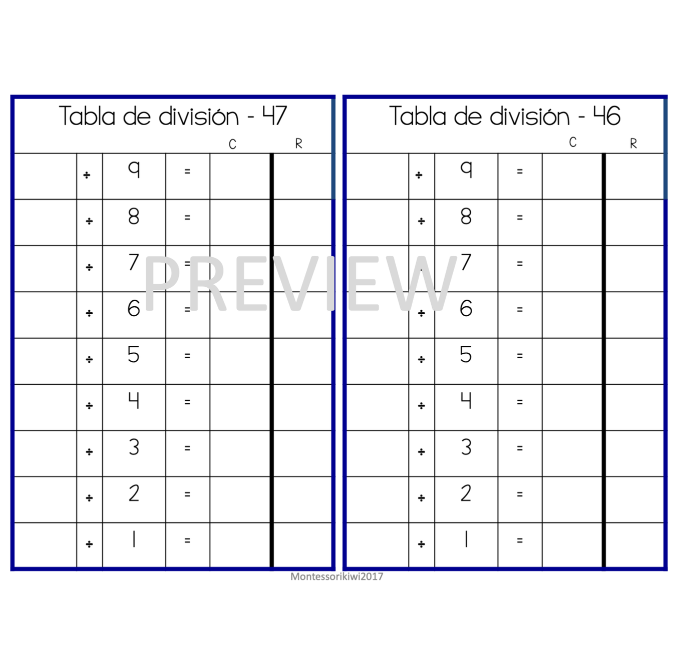 Tablas de división (division chart tables) – montessorikiwi