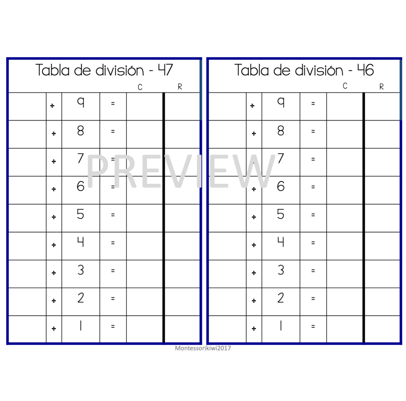 Tablas de división (division chart tables) – montessorikiwi