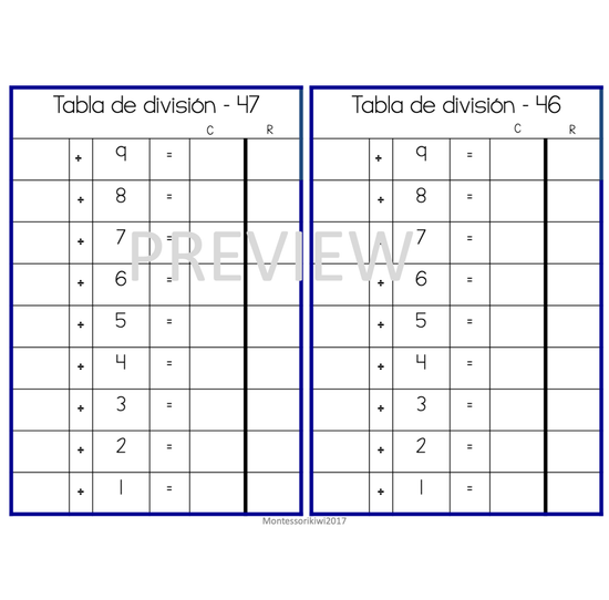 Tablas de división (division chart tables) – montessorikiwi