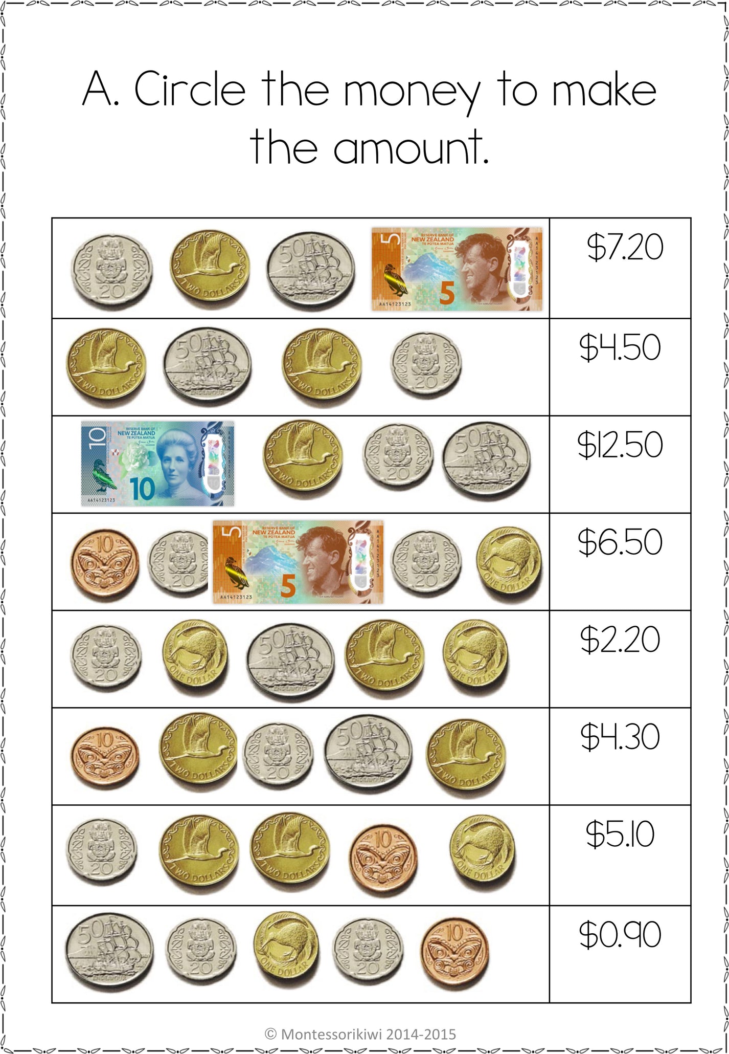 New Zealand Money - circle the money to make the amount – montessorikiwi