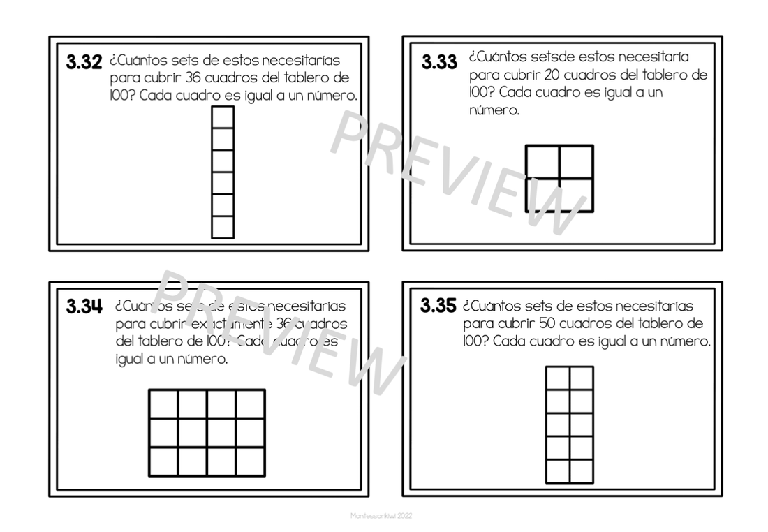 Tarjetas de trabajo para Tablero de 100 Set 3 (Montessori Hundred boar ...