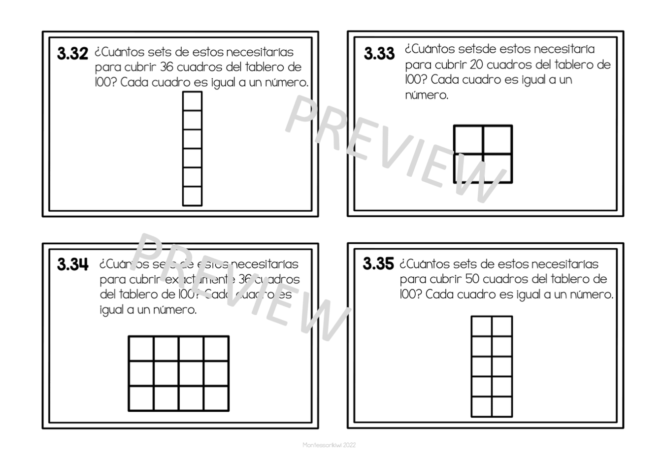 Tarjetas de trabajo para Tablero de 100 Set 3 (Montessori Hundred boar ...