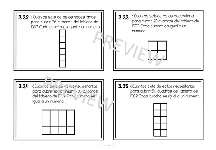 Tarjetas de trabajo para Tablero de 100 Set 3 (Montessori Hundred boar ...