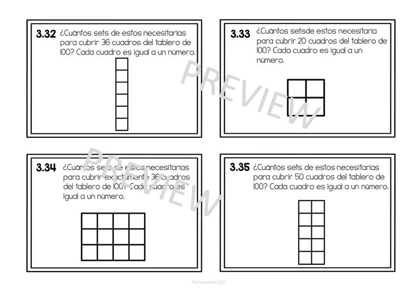 Tarjetas de trabajo para Tablero de 100 Set 3 (Montessori Hundred boar ...